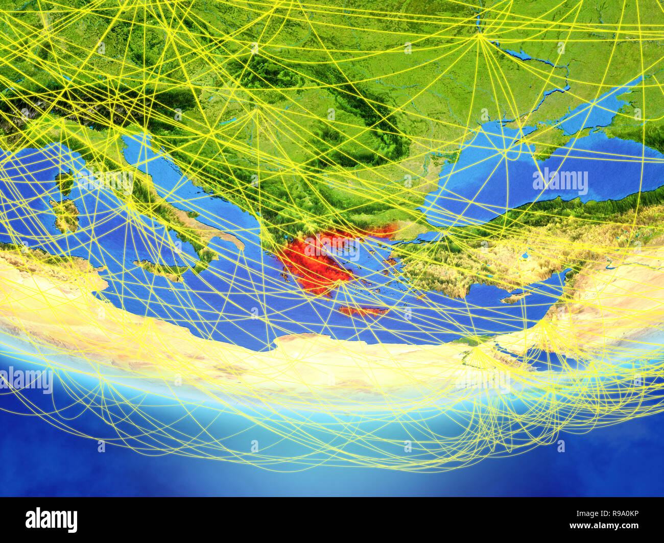 Greece on model of planet Earth with network representing travel and ...