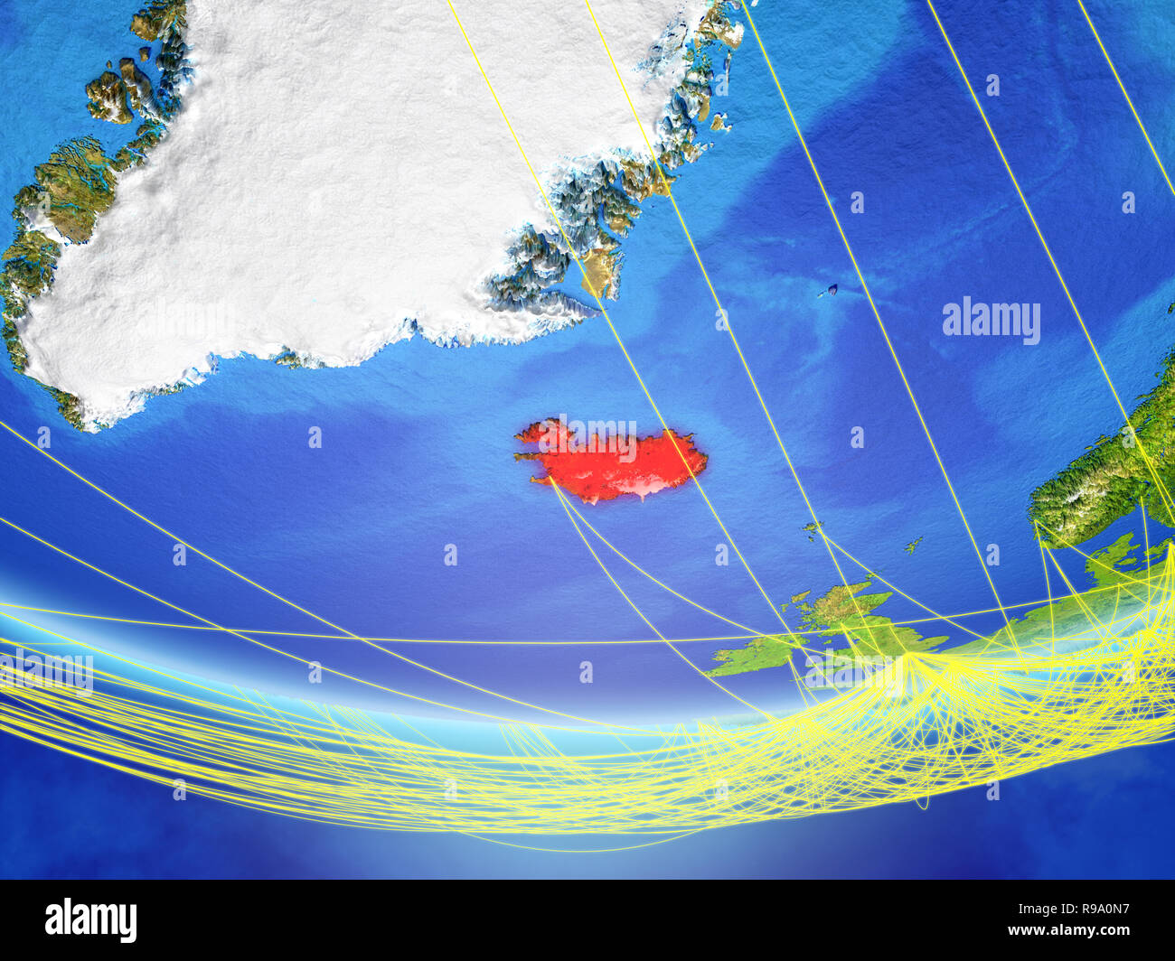 Iceland on model of planet Earth with network representing travel and ...