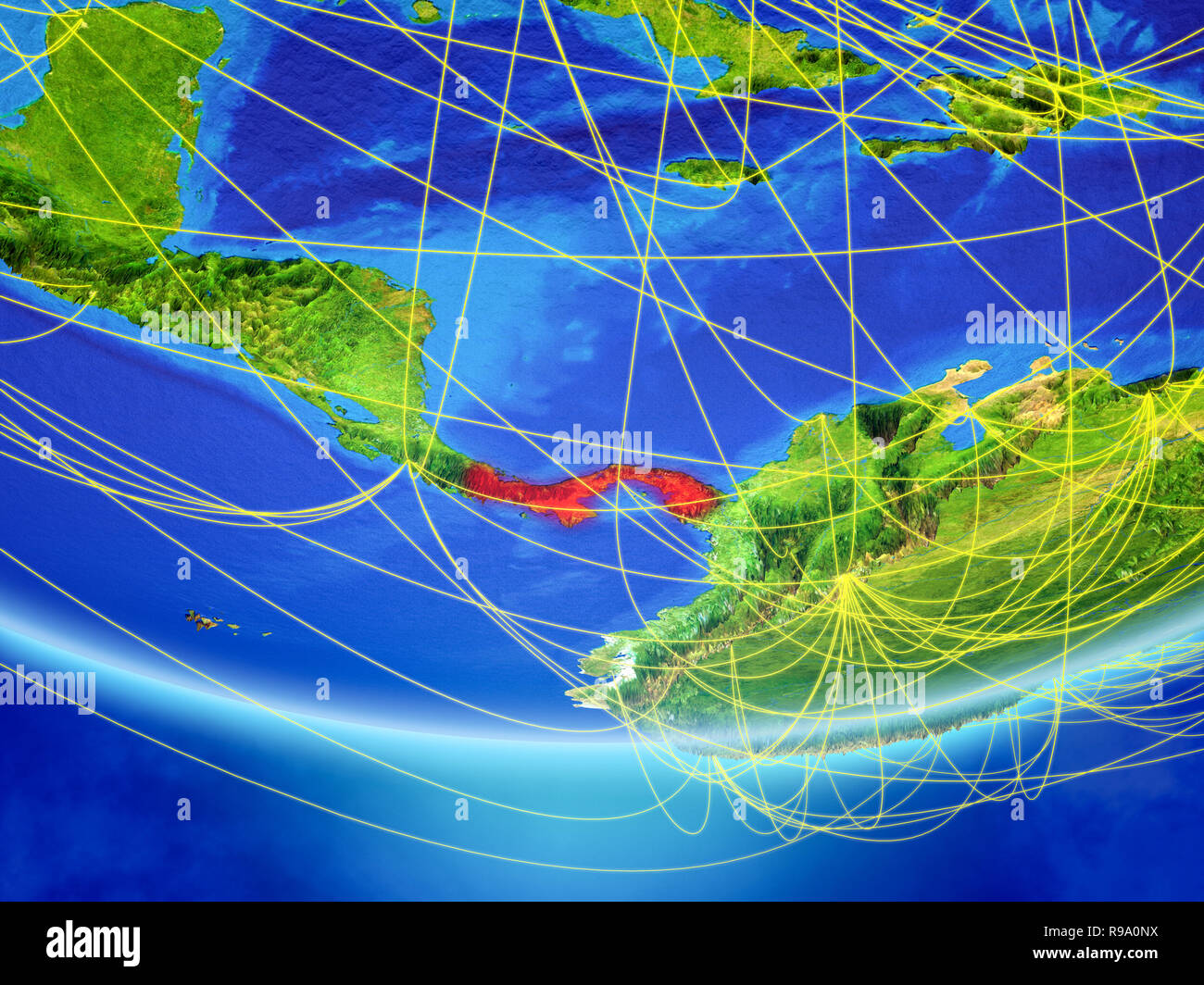 Panama on model of planet Earth with network representing travel and ...