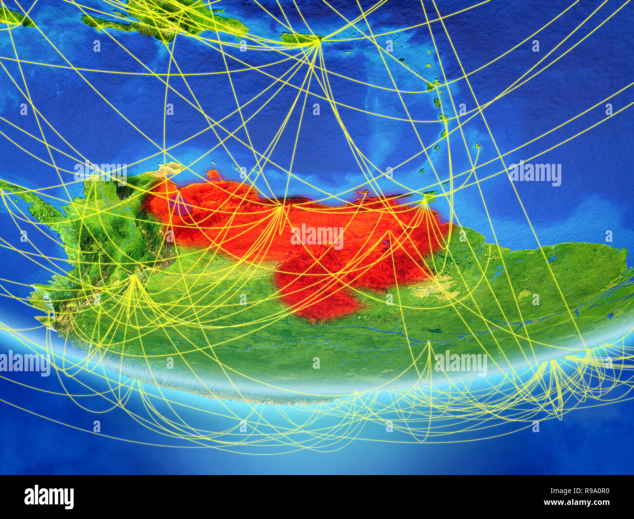 Venezuela on model of planet Earth with network representing travel and ...
