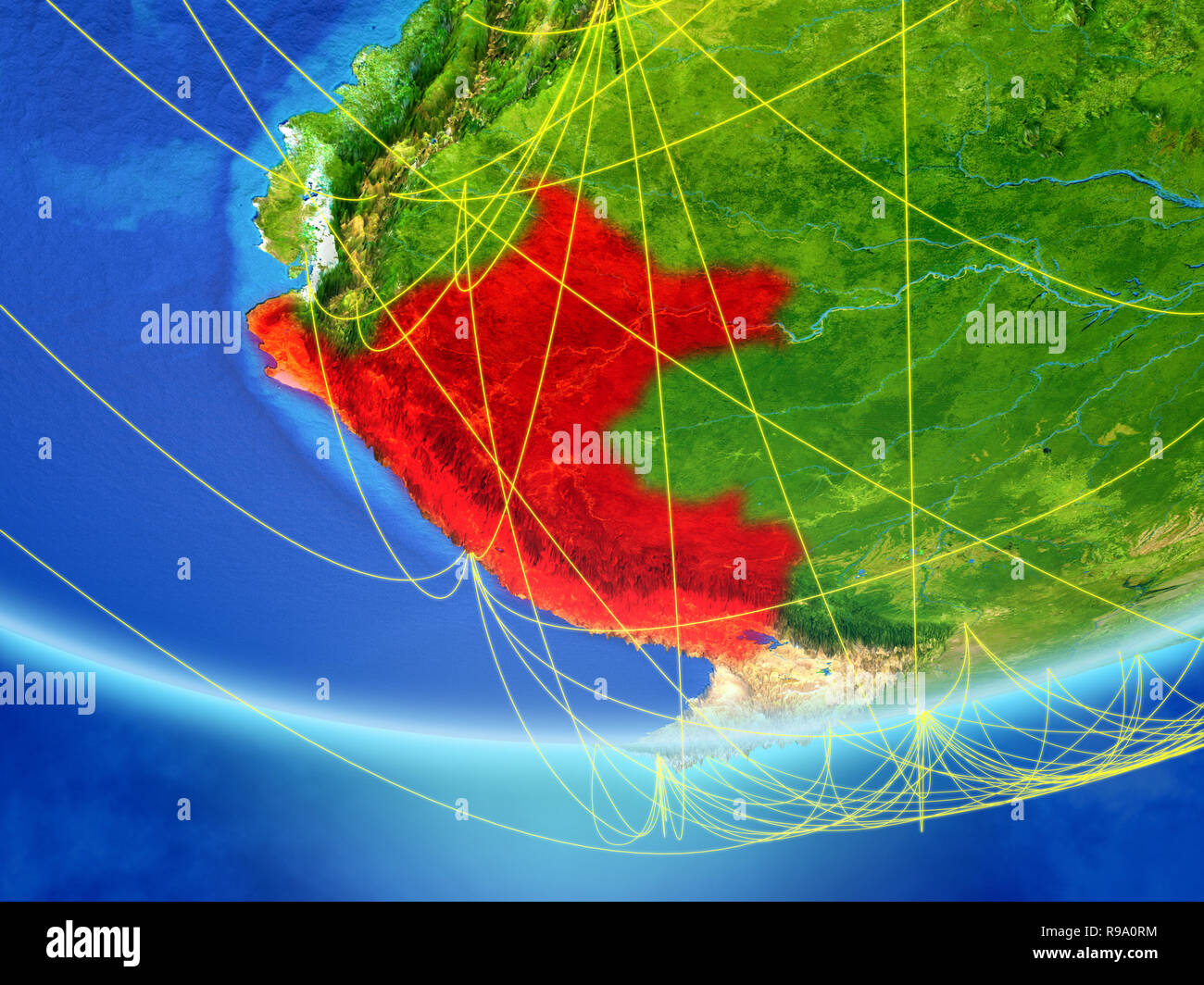 Peru on model of planet Earth with network representing travel and ...