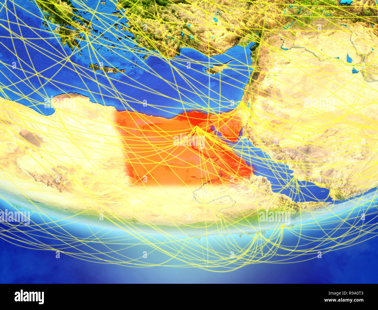 Egypt on model of planet Earth with network representing travel and ...