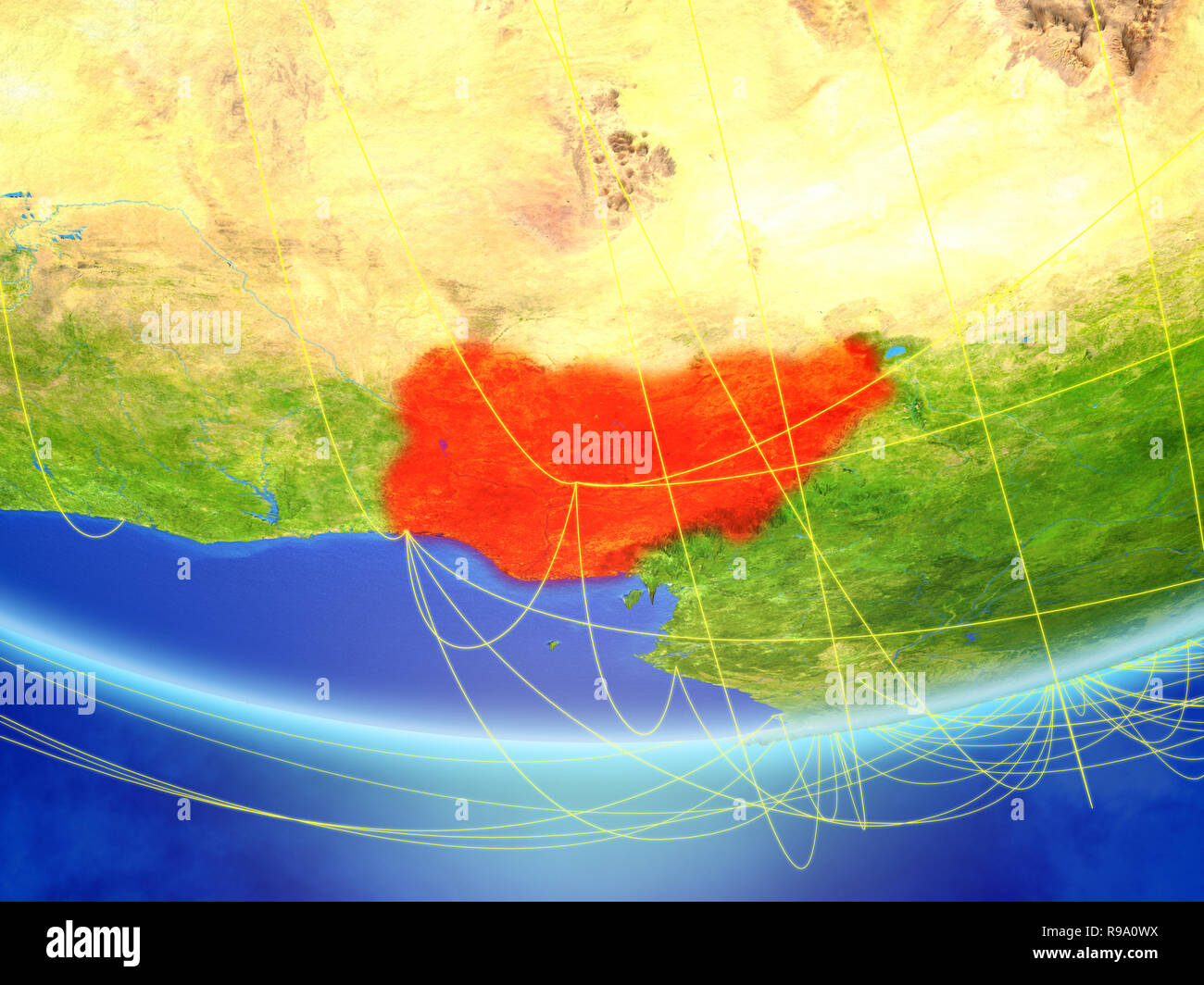 Nigeria on model of planet Earth with network representing travel and ...