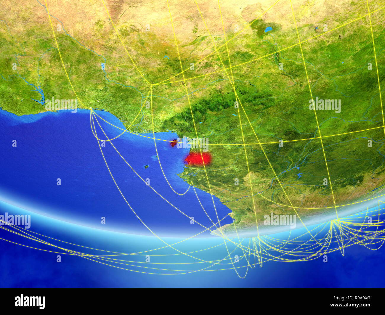 Equatorial Guinea on model of planet Earth with network representing ...