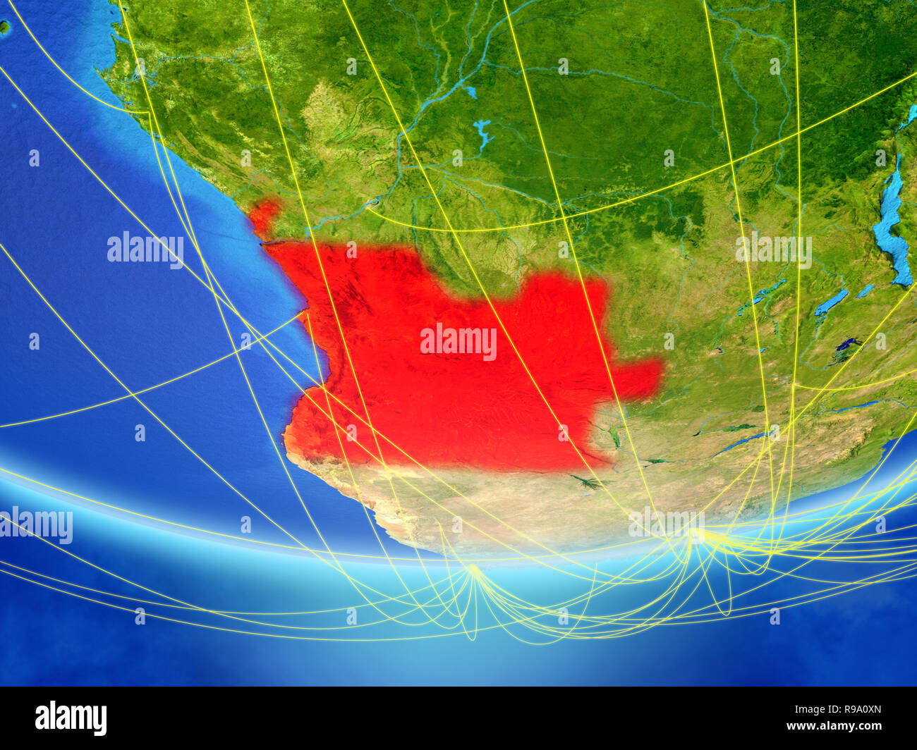 Angola on model of planet Earth with network representing travel and ...