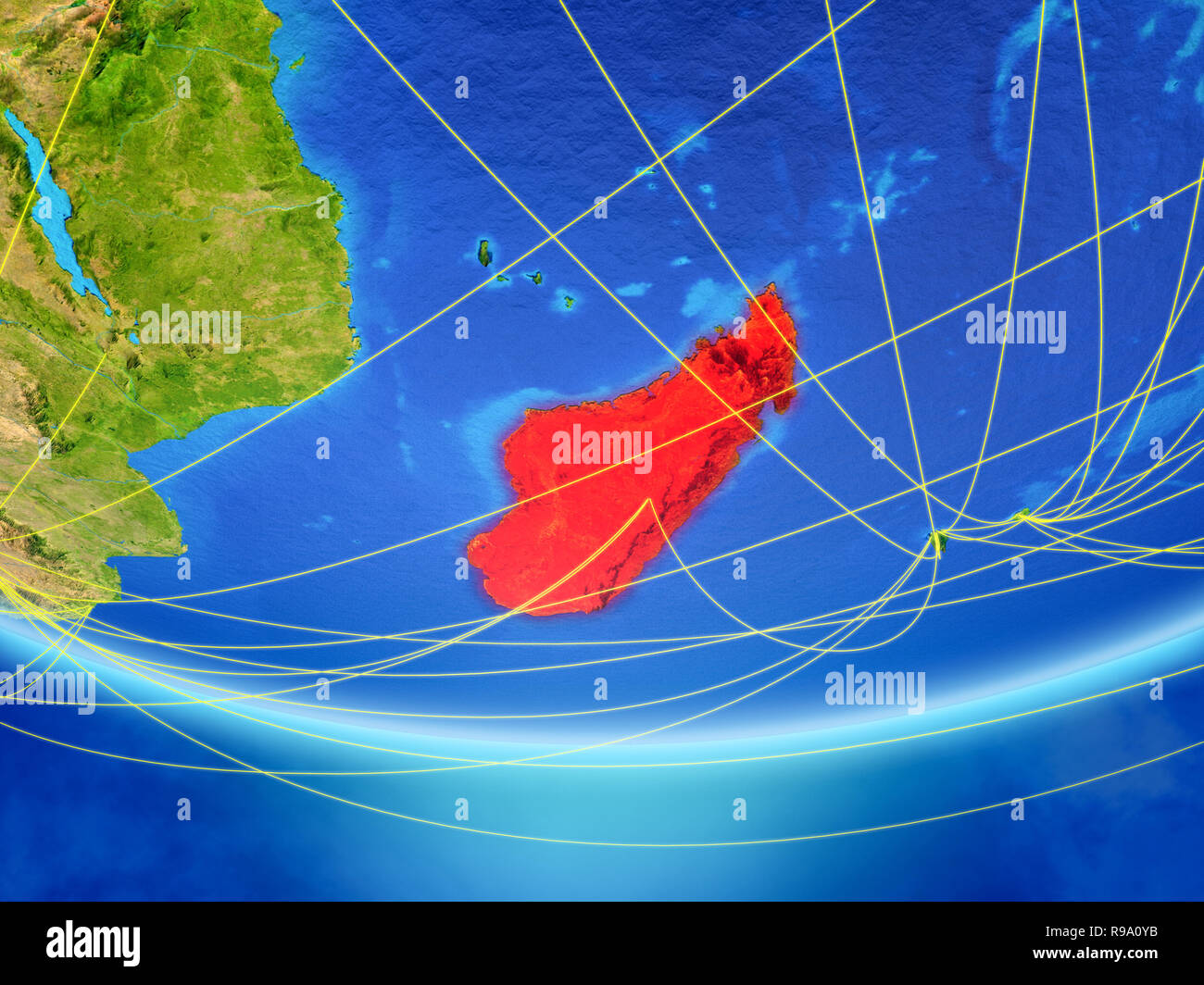 Madagascar on model of planet Earth with network representing travel ...