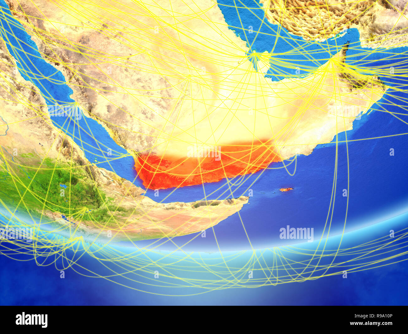 Yemen on model of planet Earth with network representing travel and ...