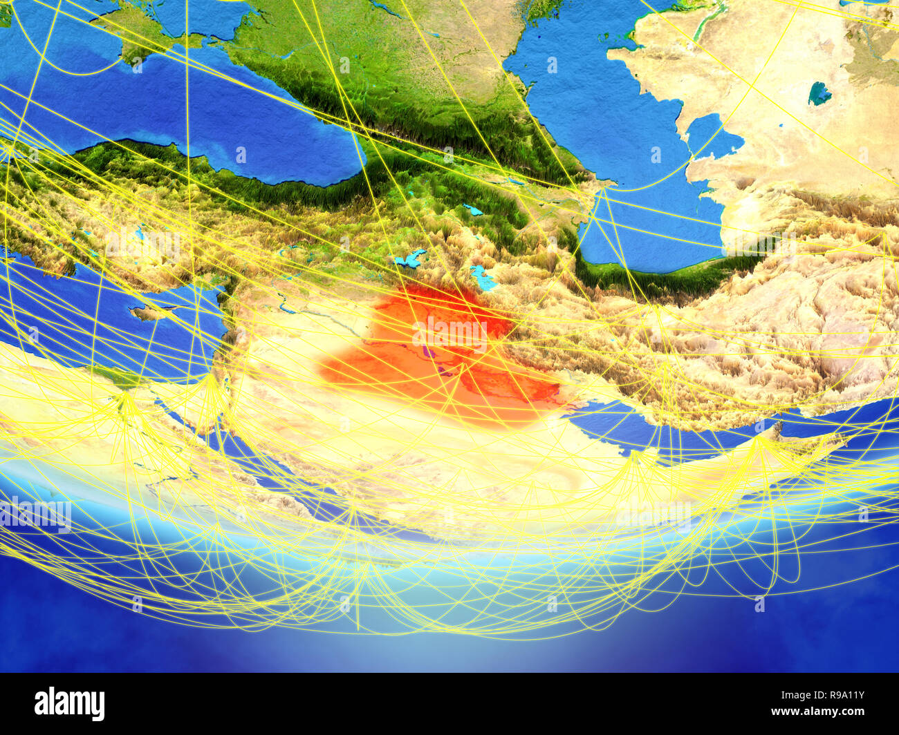 Iraq on model of planet Earth with network representing travel and ...