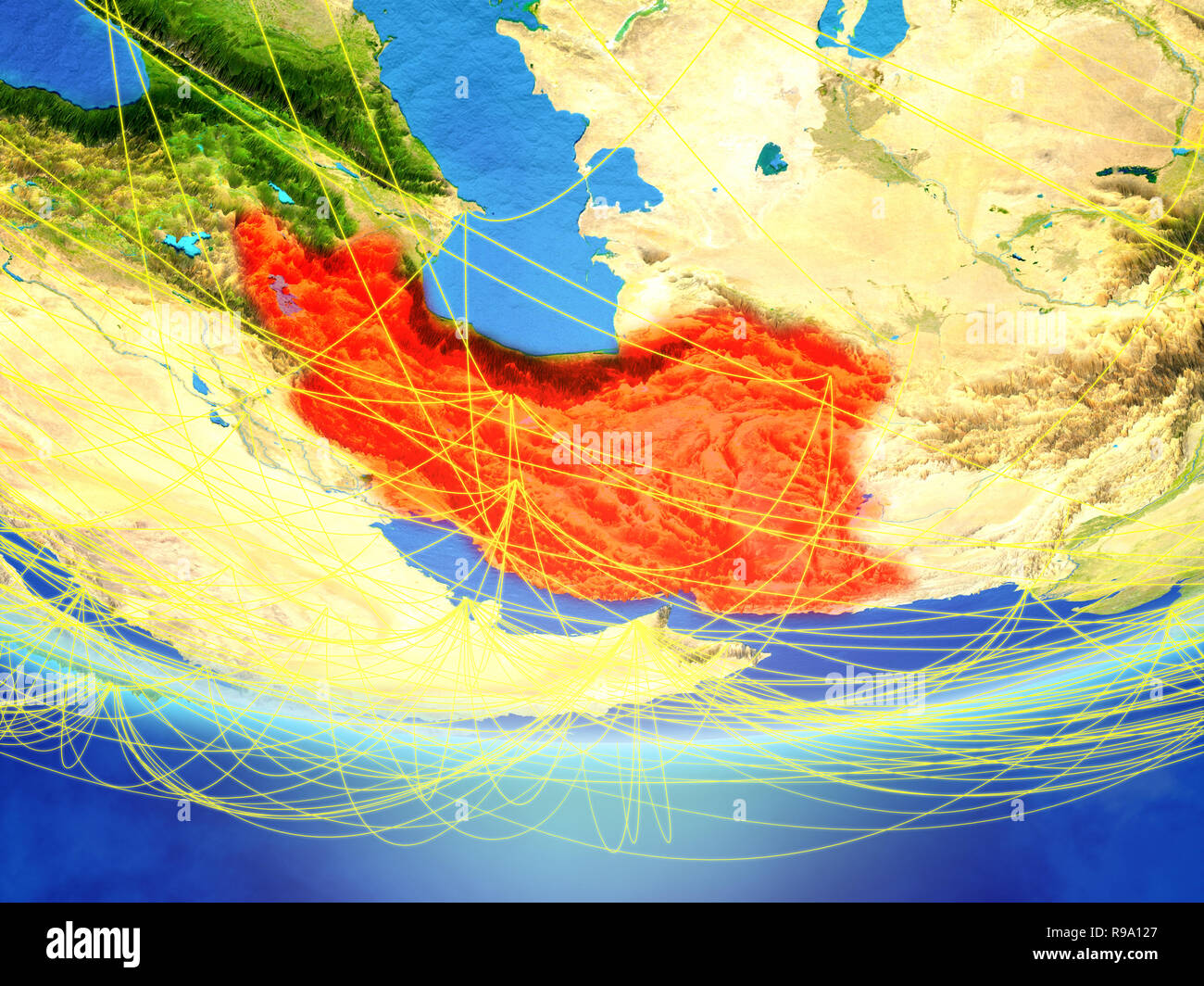 Iran on model of planet Earth with network representing travel and ...