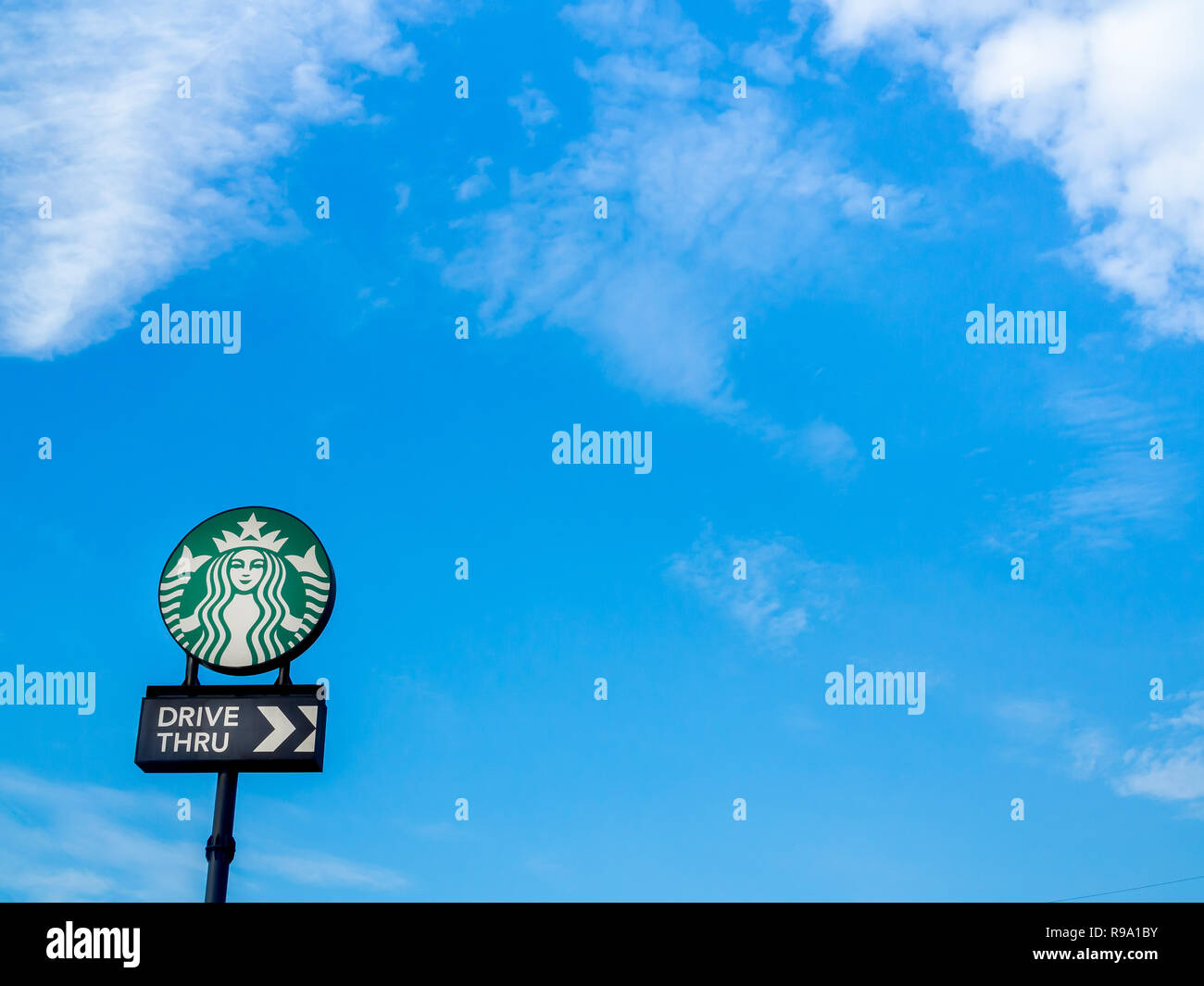 AYUTTHAYA, THAILAND - December 7, 2018: Drive thru sign of Starbuck ...