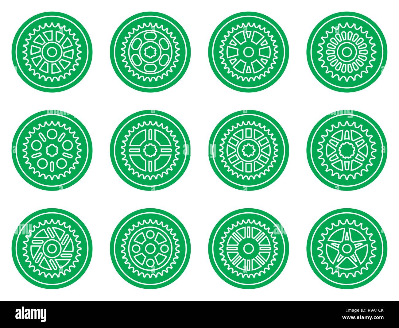 Set of sprocket icons on green background. Silhouette vector Stock ...