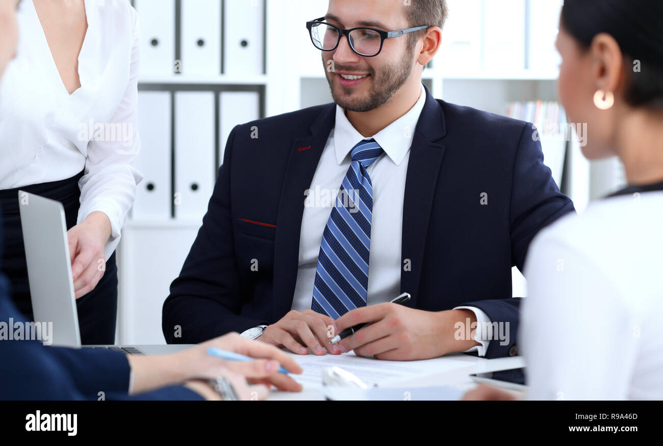 Business people team at meeting in office. Focus at business woman ...