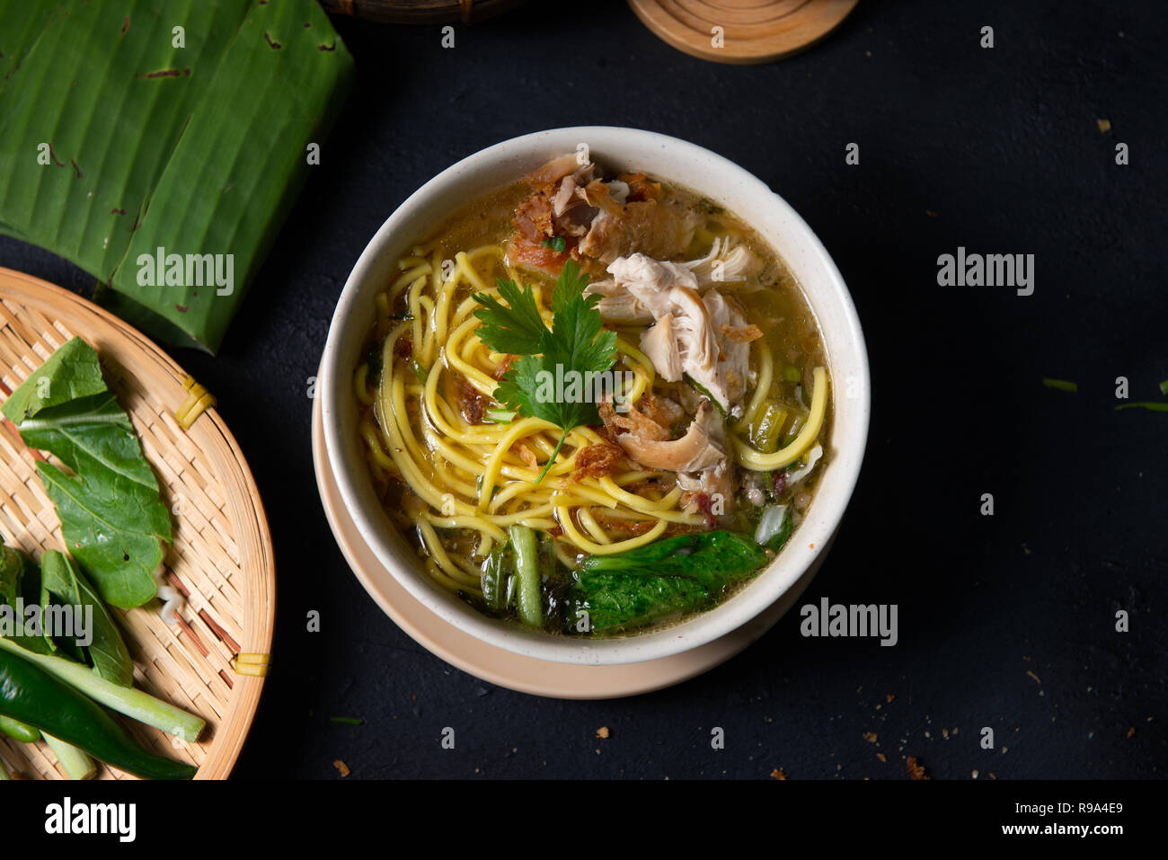 traditional asian soup noodle top down Stock Photo - Alamy