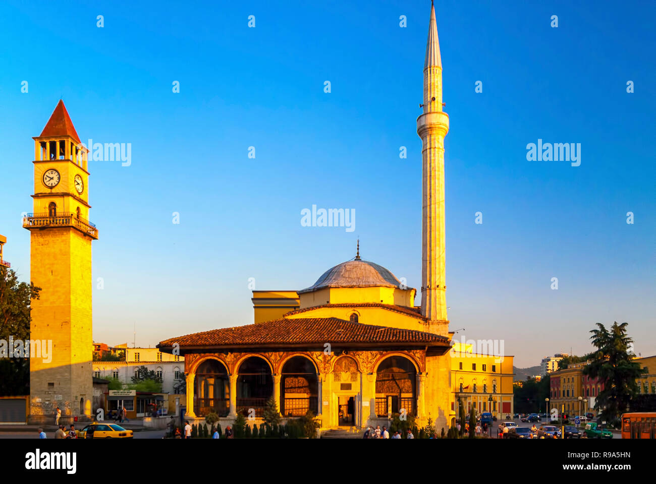 Ethem Bay Mosque and Clock Tower, Skanderberg Square, Tirana, Albania ...