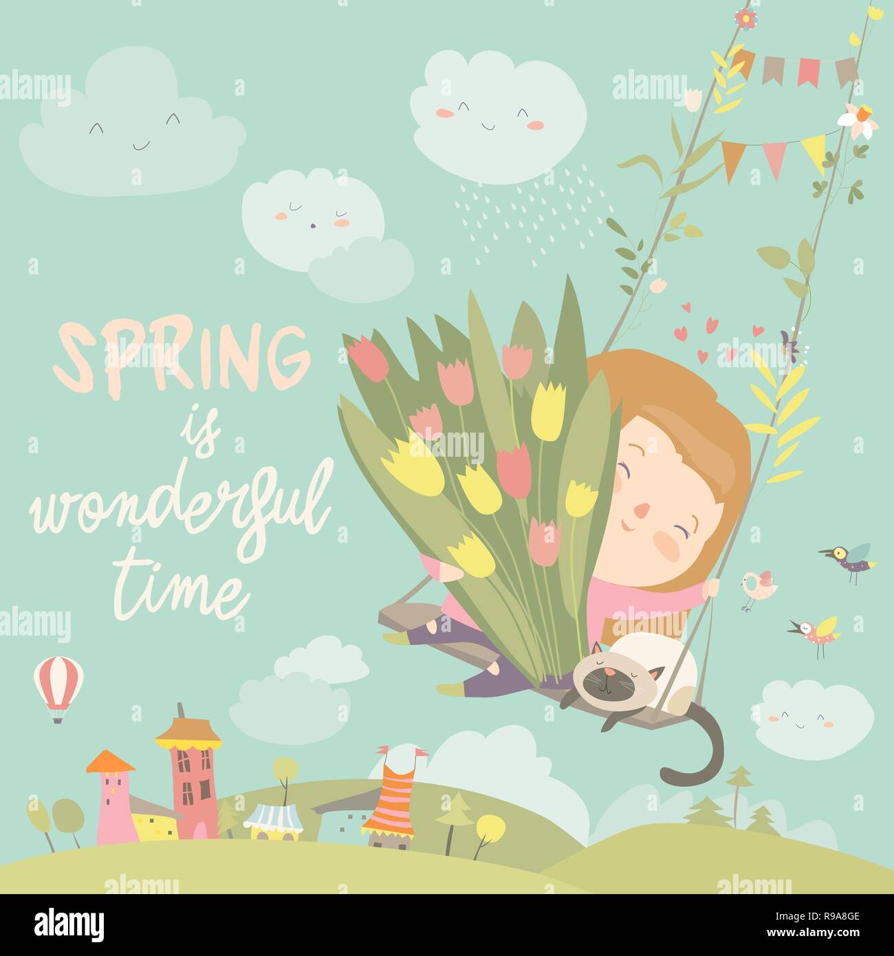 Girl sitting on swing with spring flowers Stock Vector Image & Art - Alamy