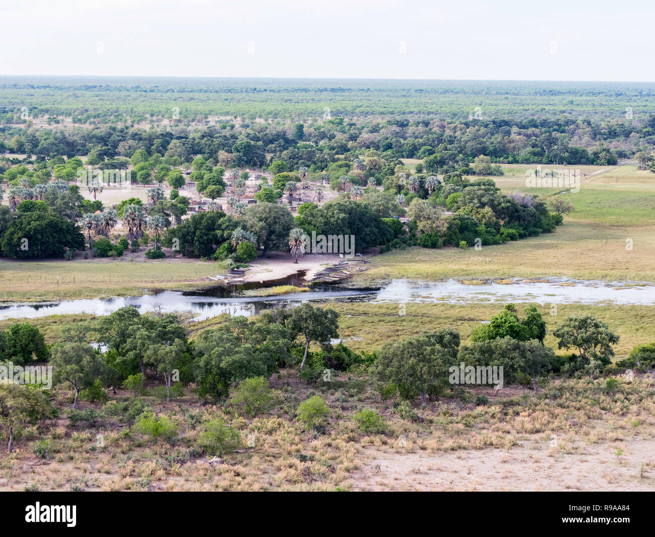 Aerial view of rivers, streams and grasslands in Delta Okavango ...