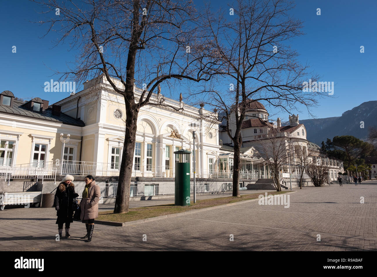 MERANO, ITALY - FEBRUARY 26, 2018: The Art Nouveau style of the Kurhaus ...