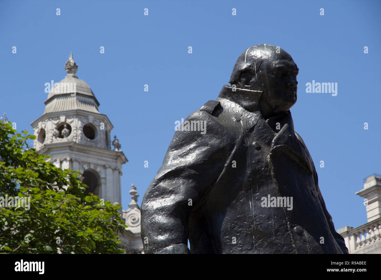 LONDON, ENGLAND - JULY 15, 2018. Winston Churchill statue with his hand ...