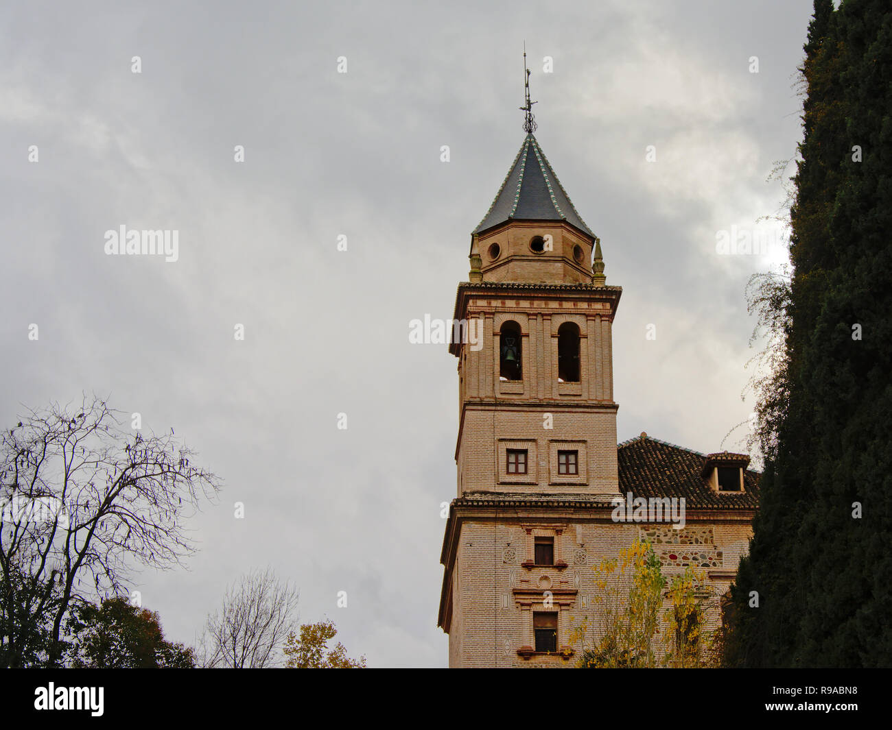 Tower of roman catholic church of Santa Maria de Alhambra, Granada ...