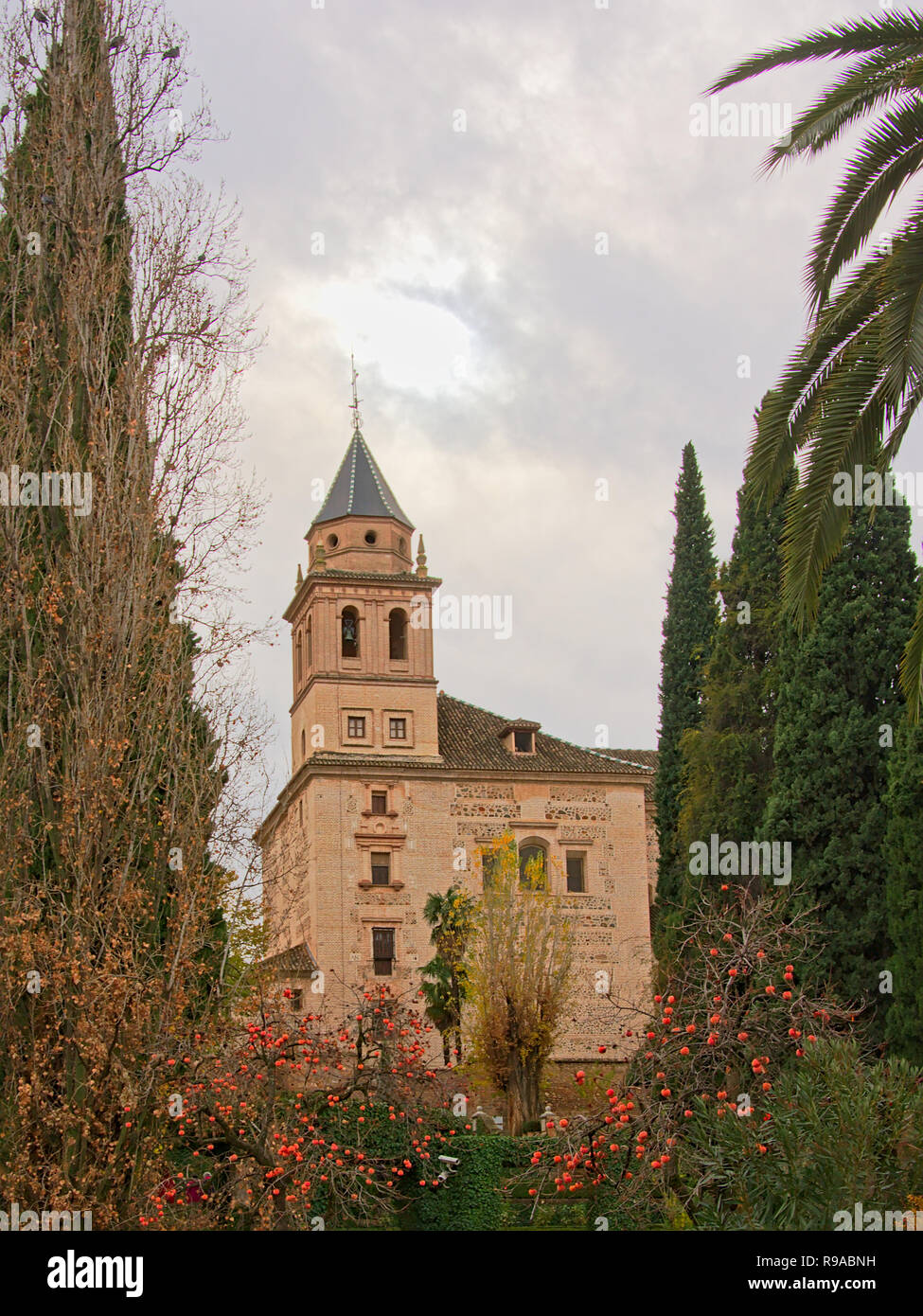 Tower of roman catholic church of Santa Maria de Alhambra, Granada ...