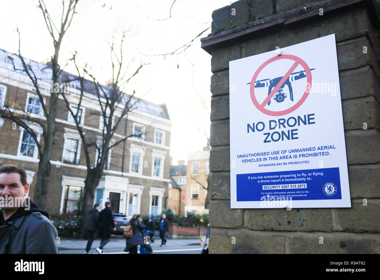 London UK. 22nd December 2018. Stamford Bridge: A sign banning the use ...