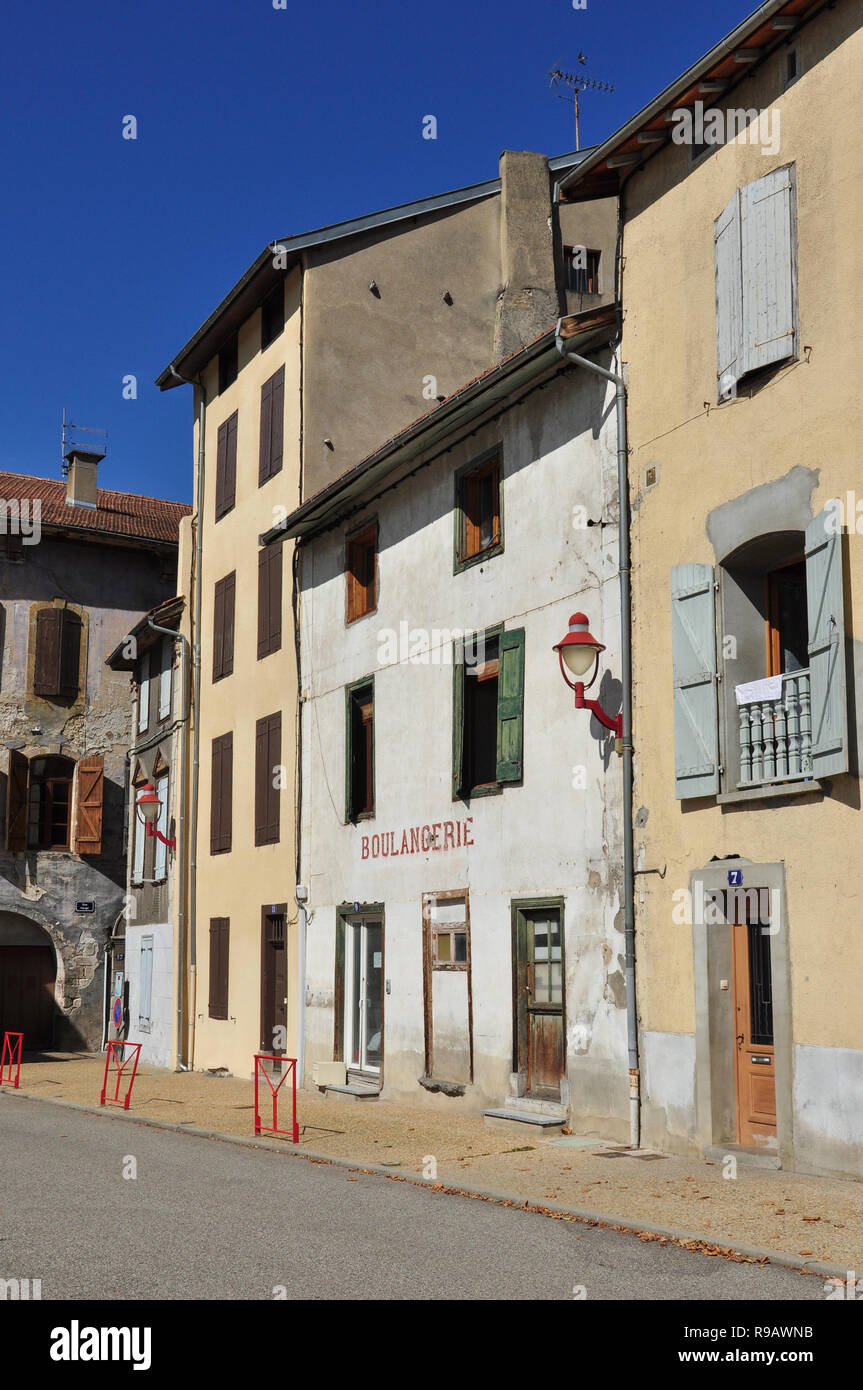 Shuttered buildings including a boulangerie, Place Felix Garrigou ...