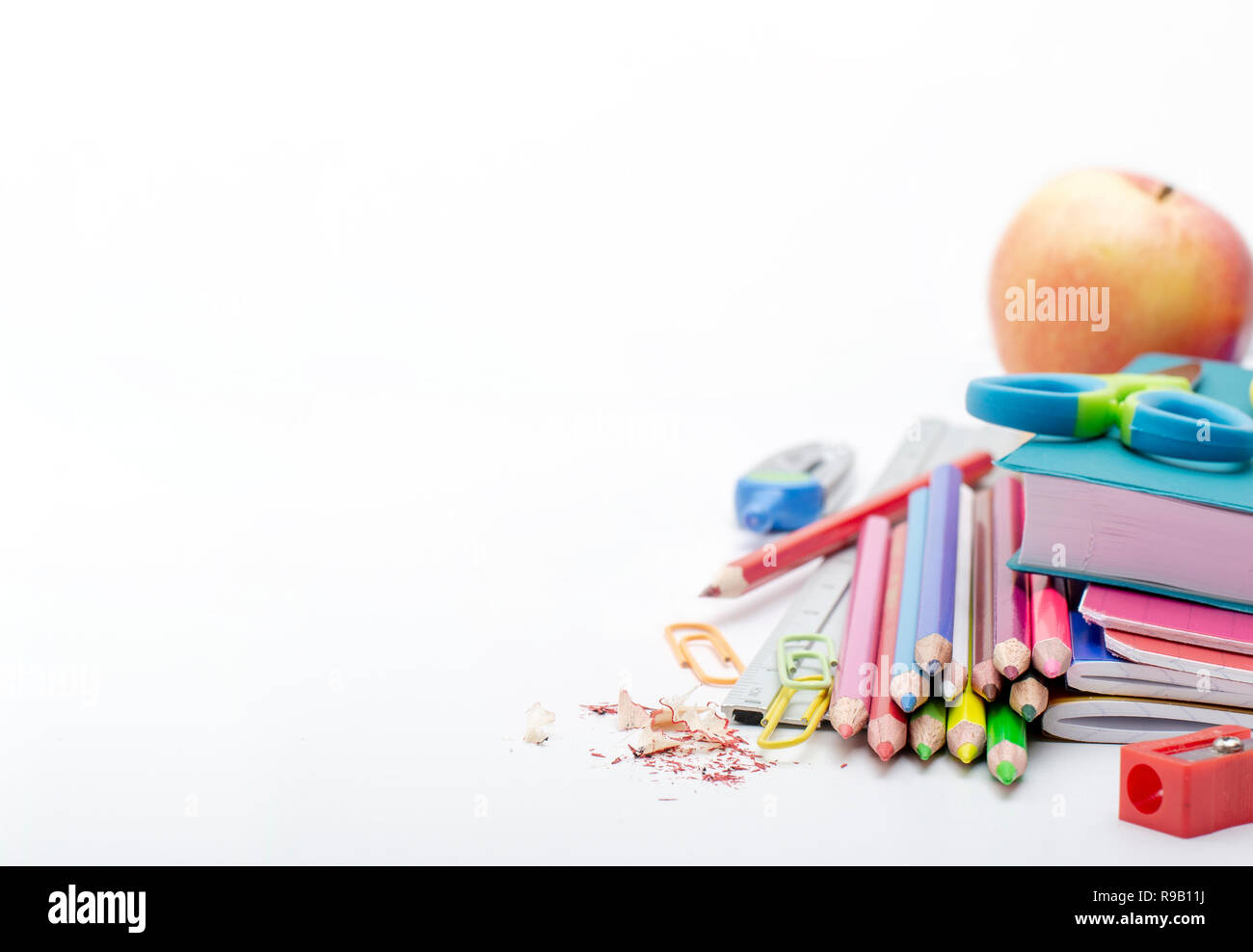 School items background on white with copy space Stock Photo - Alamy
