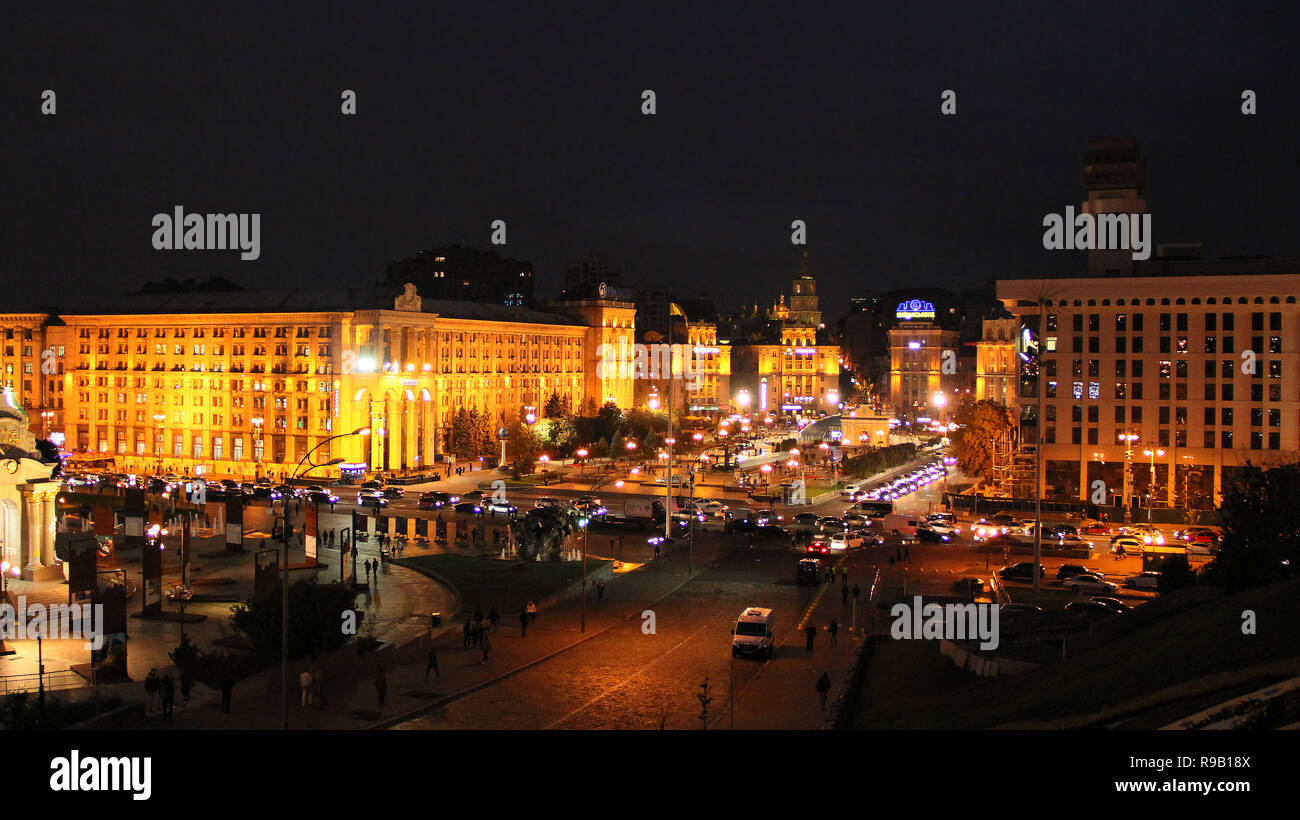 Panorama of Independence Square in Kyiv at night. Lights of night city. Panorama of central part ...