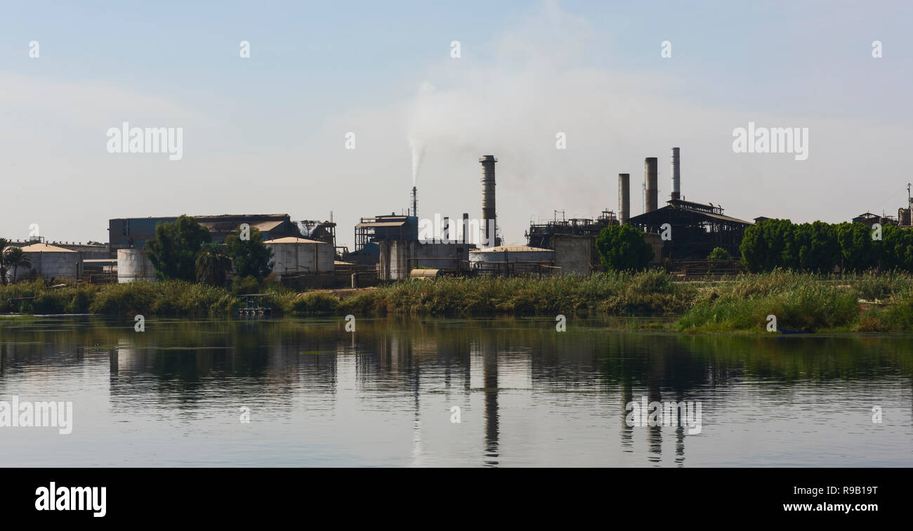 View across large river Nile in Egypt through rural landscape with ...