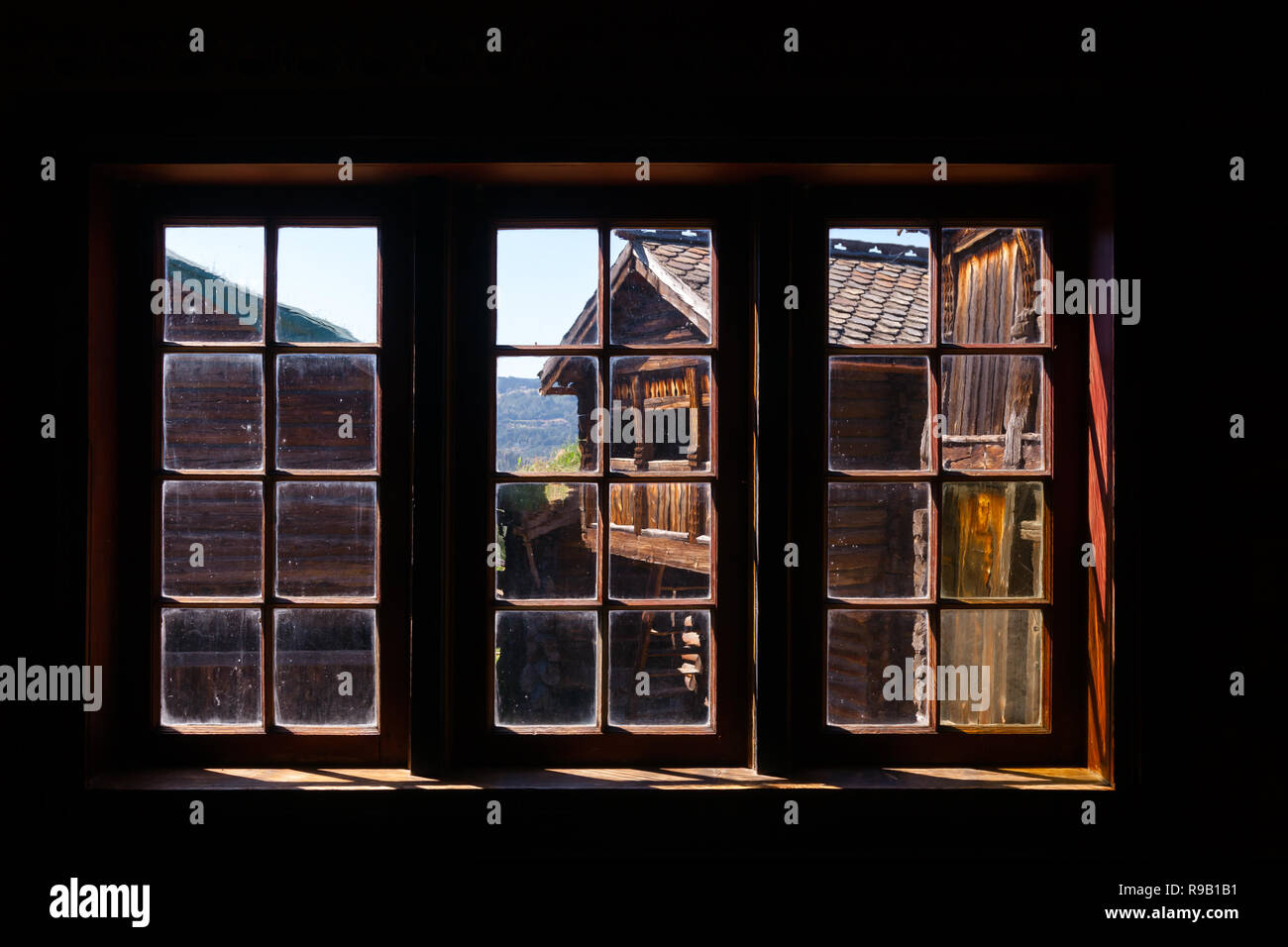 Old traditional Norwegian wooden house window, Maihaugen Folks museum ...