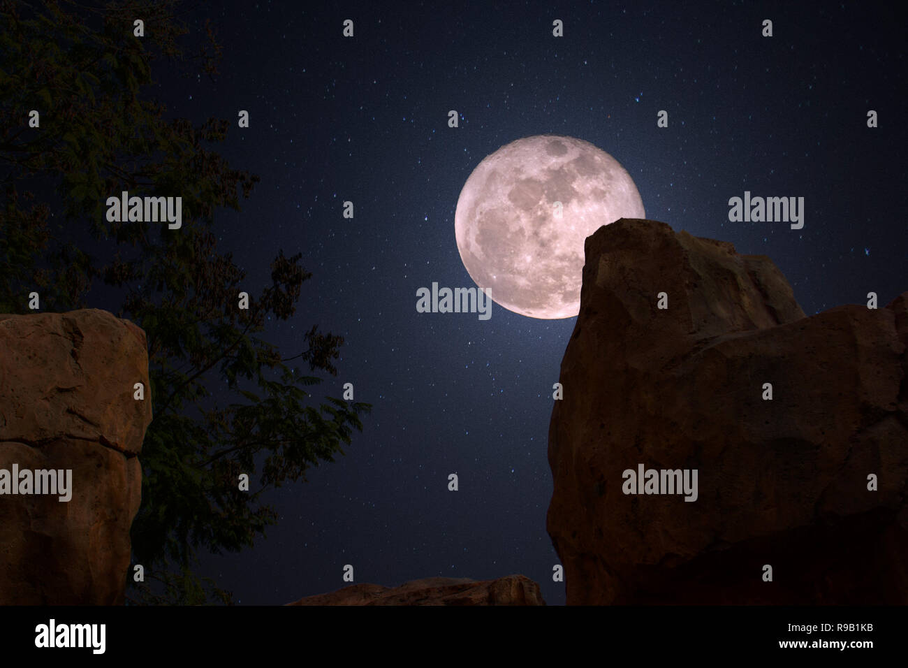 A full moon rises in the mountains of Colorado on a clear starry night ...