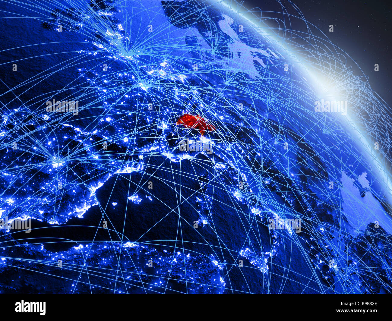 Switzerland from space on model of blue digital planet Earth. Concept ...