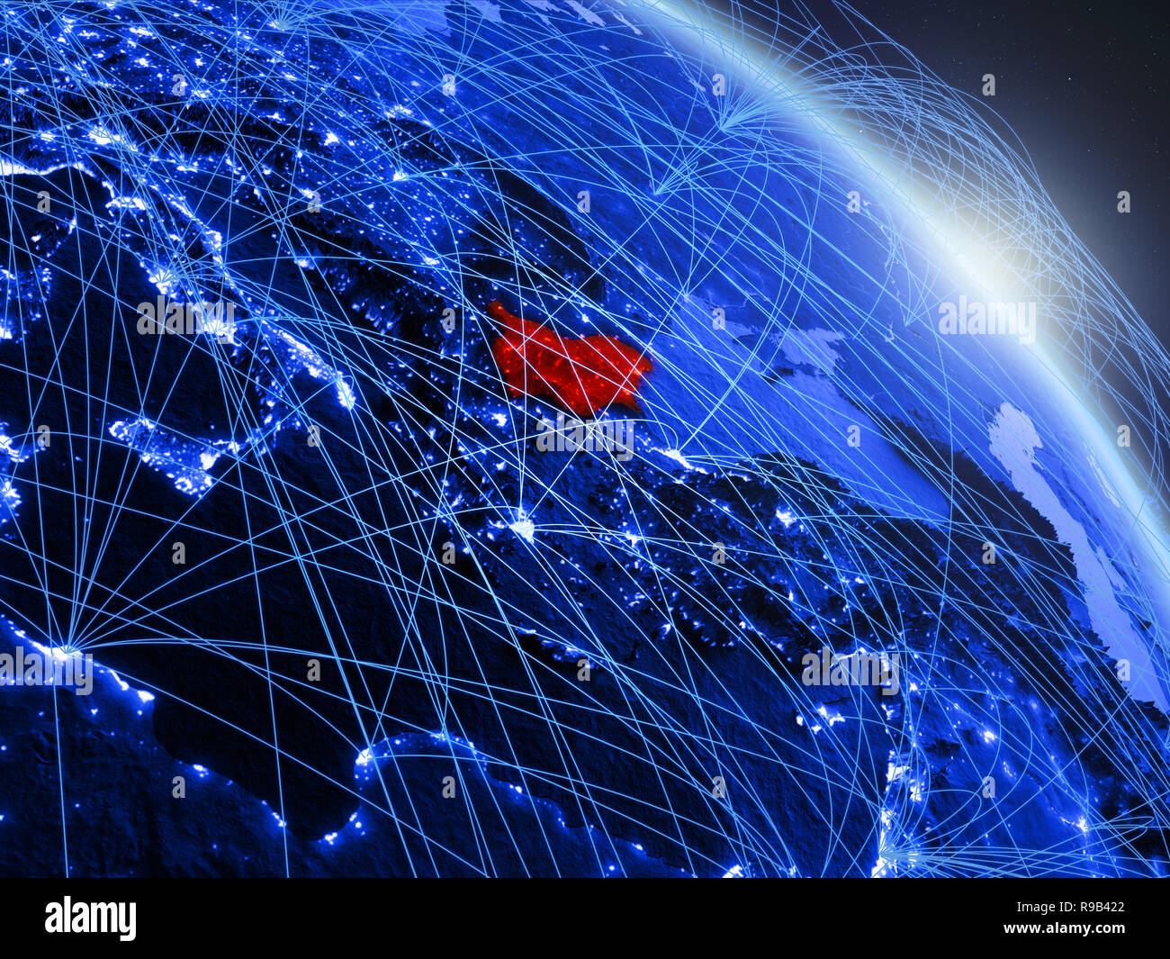Bulgaria from space on model of blue digital planet Earth. Concept of blue digital technology ...