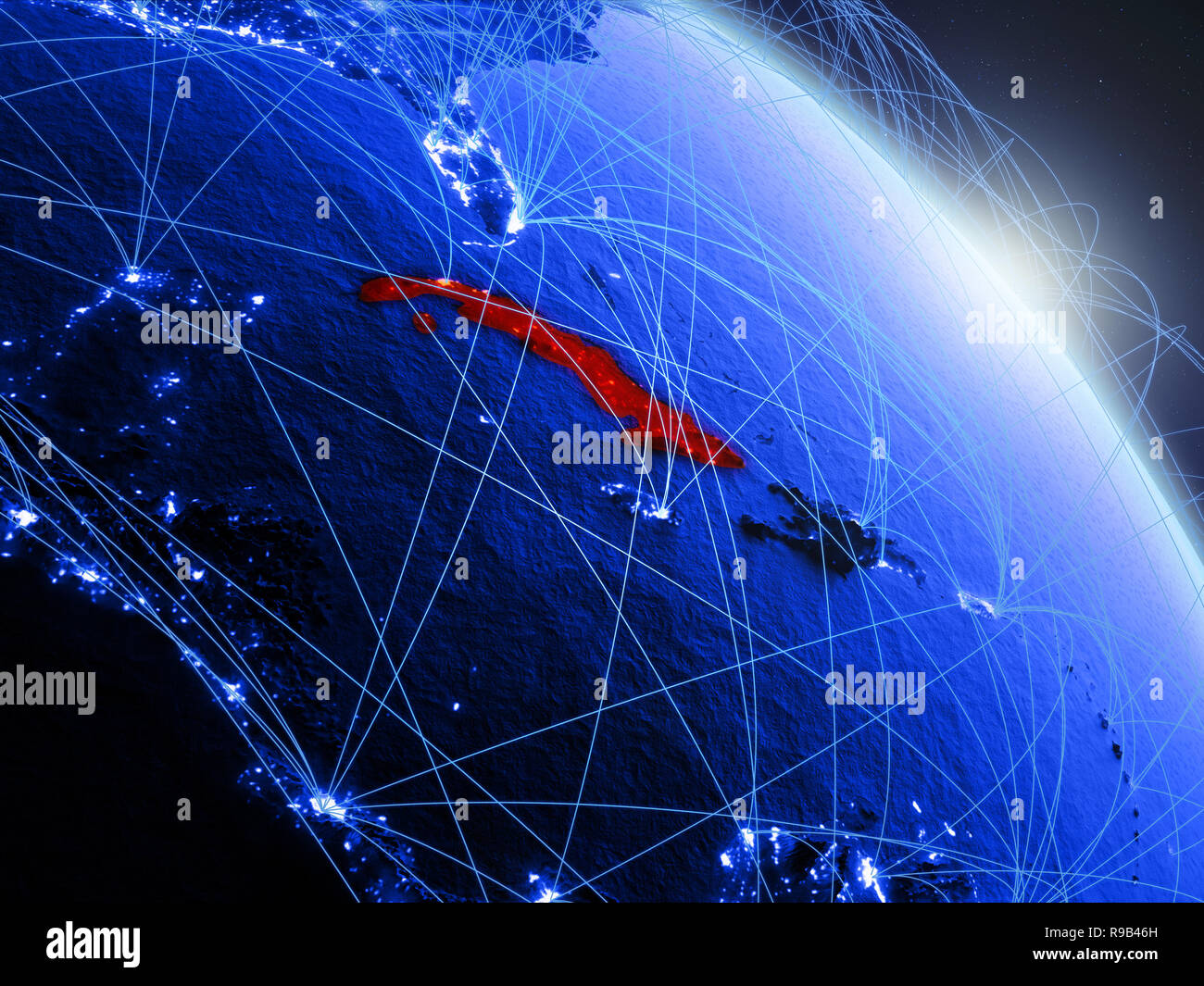 Cuba from space on model of blue digital planet Earth. Concept of blue ...