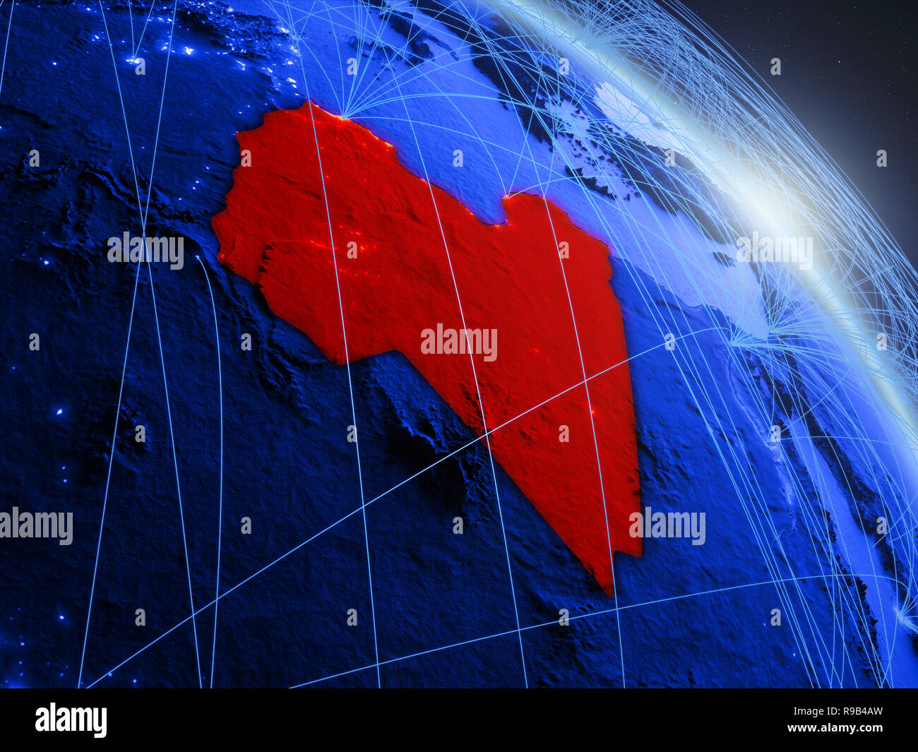 Libya from space on model of blue digital planet Earth. Concept of blue ...