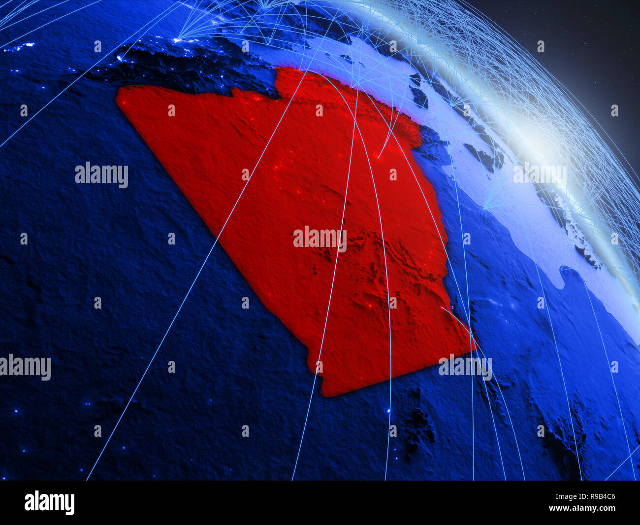Algeria from space on model of blue digital planet Earth. Concept of blue digital technology ...