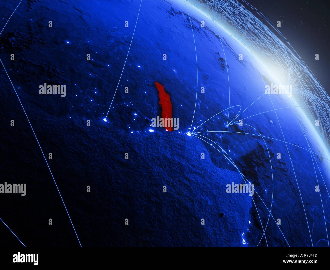 Togo from space on model of blue digital planet Earth. Concept of blue ...