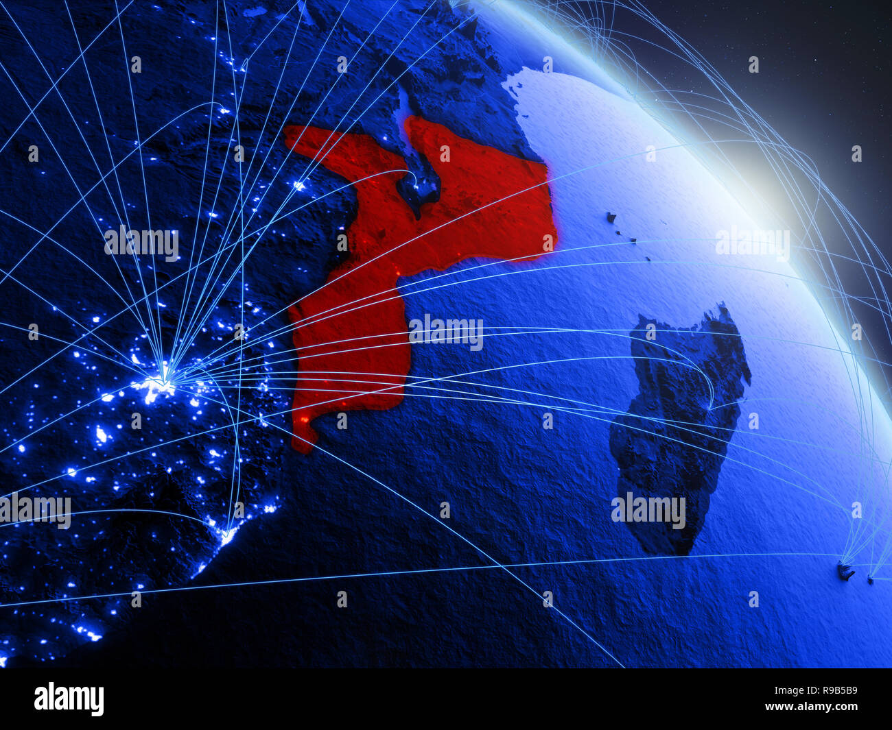 Mozambique from space on model of blue digital planet Earth. Concept of ...