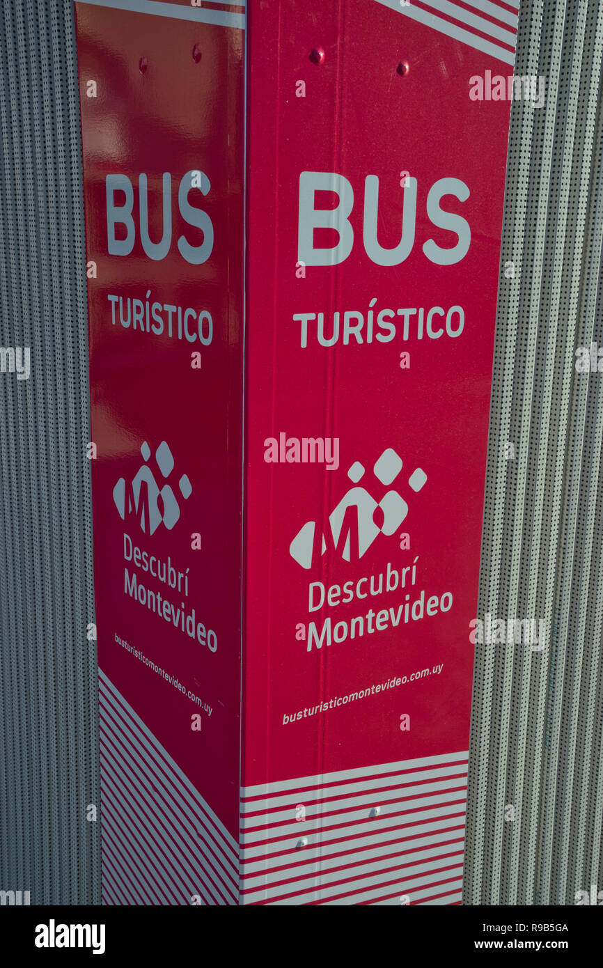 Tourist bus stop in the historical old colonial town area of Montevideo ...