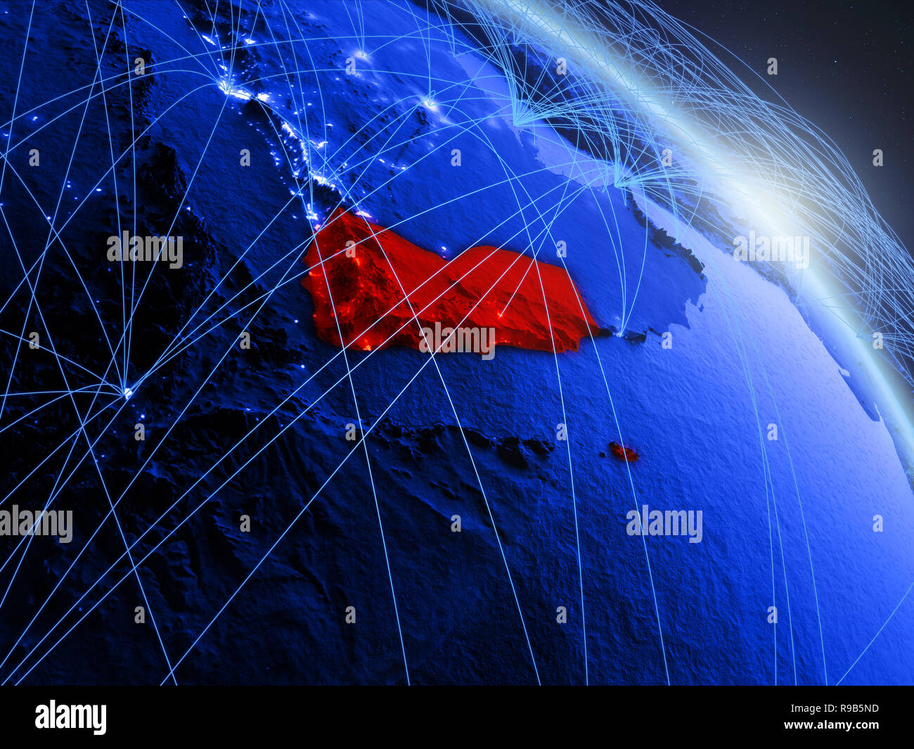 Yemen from space on model of blue digital planet Earth. Concept of blue ...