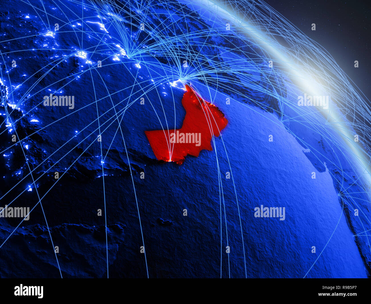 Oman from space on model of blue digital planet Earth. Concept of blue ...