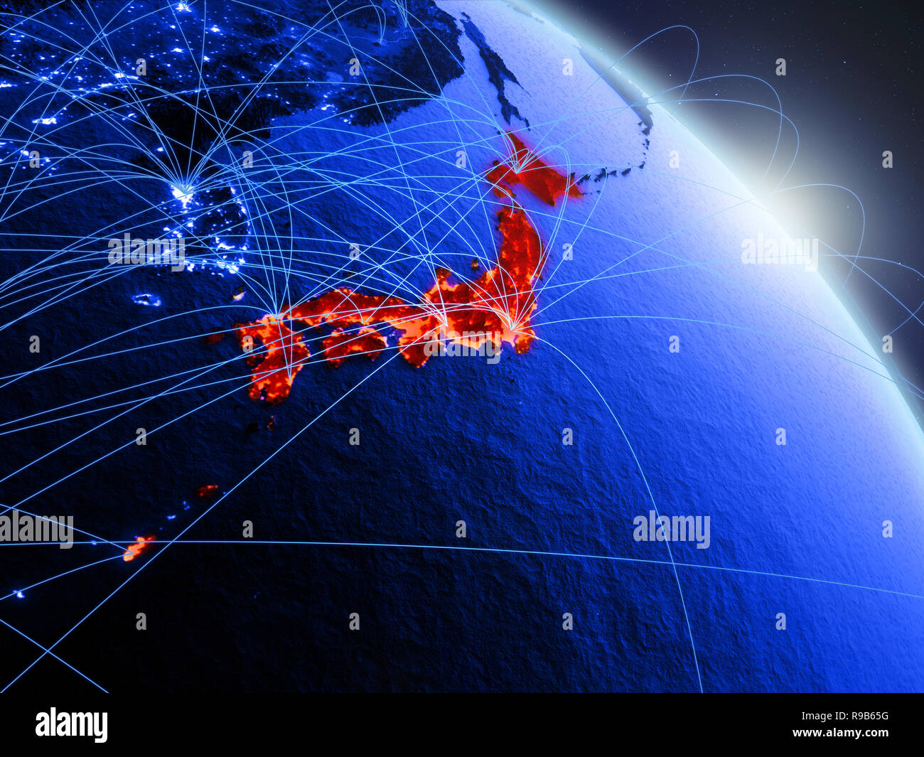 Japan from space on model of blue digital planet Earth. Concept of blue ...