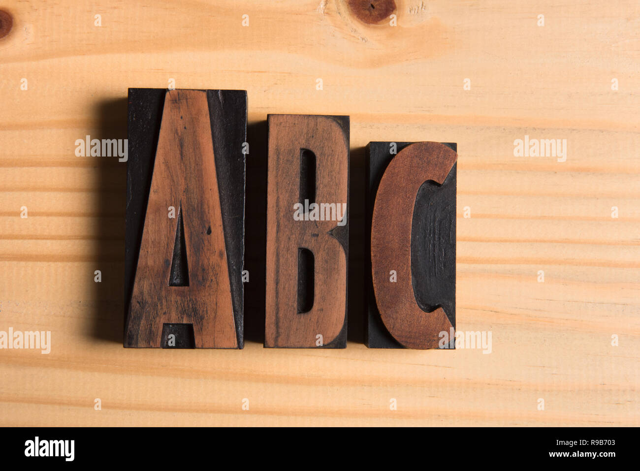 ABC Vintage word print letters on wood Stock Photo - Alamy