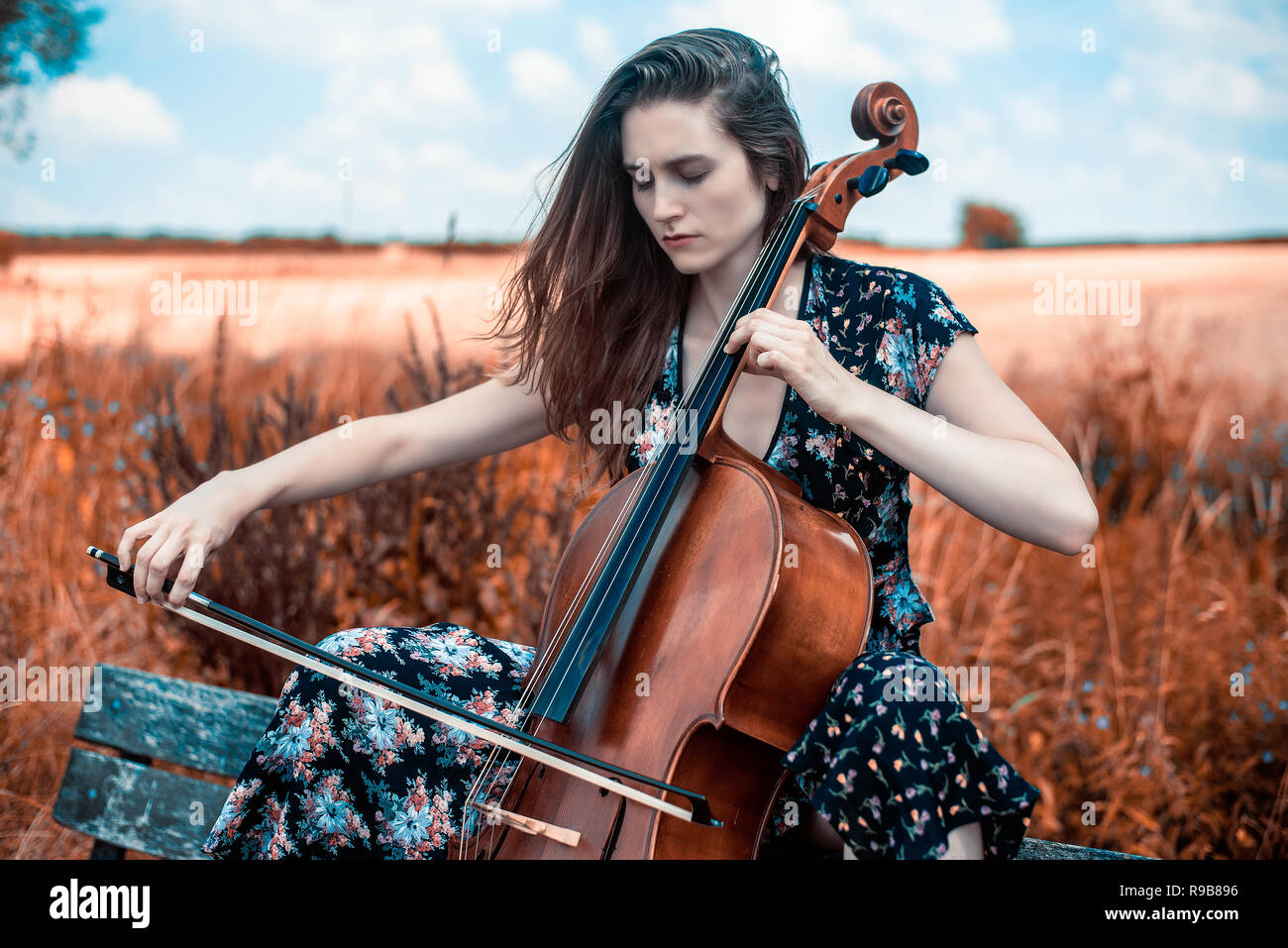 Pretty blonde plays the cello outdoors Stock Photo - Alamy