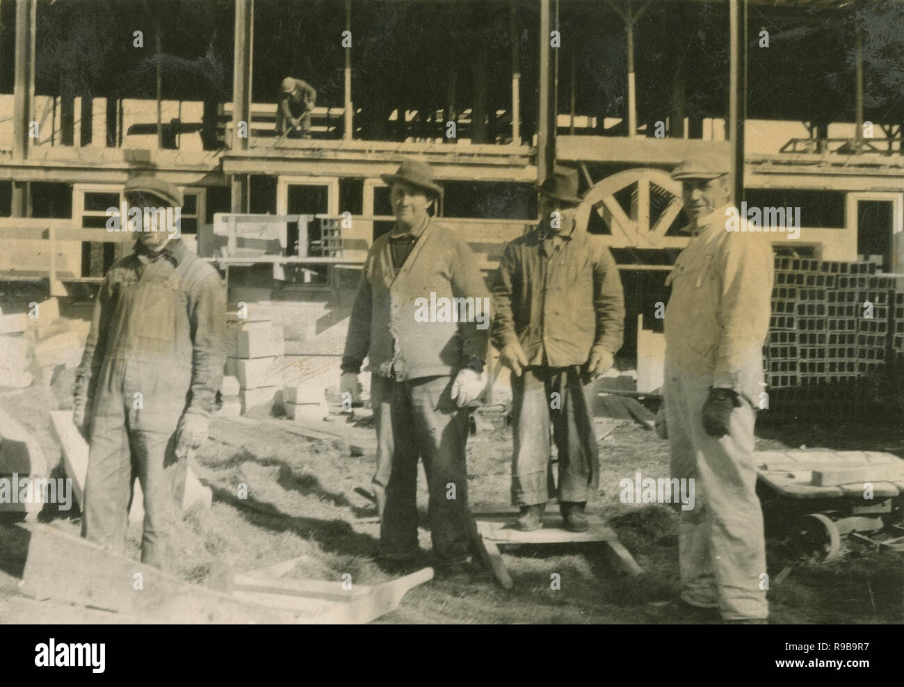 Antique c1910 photograph, four men at construction site. Location ...