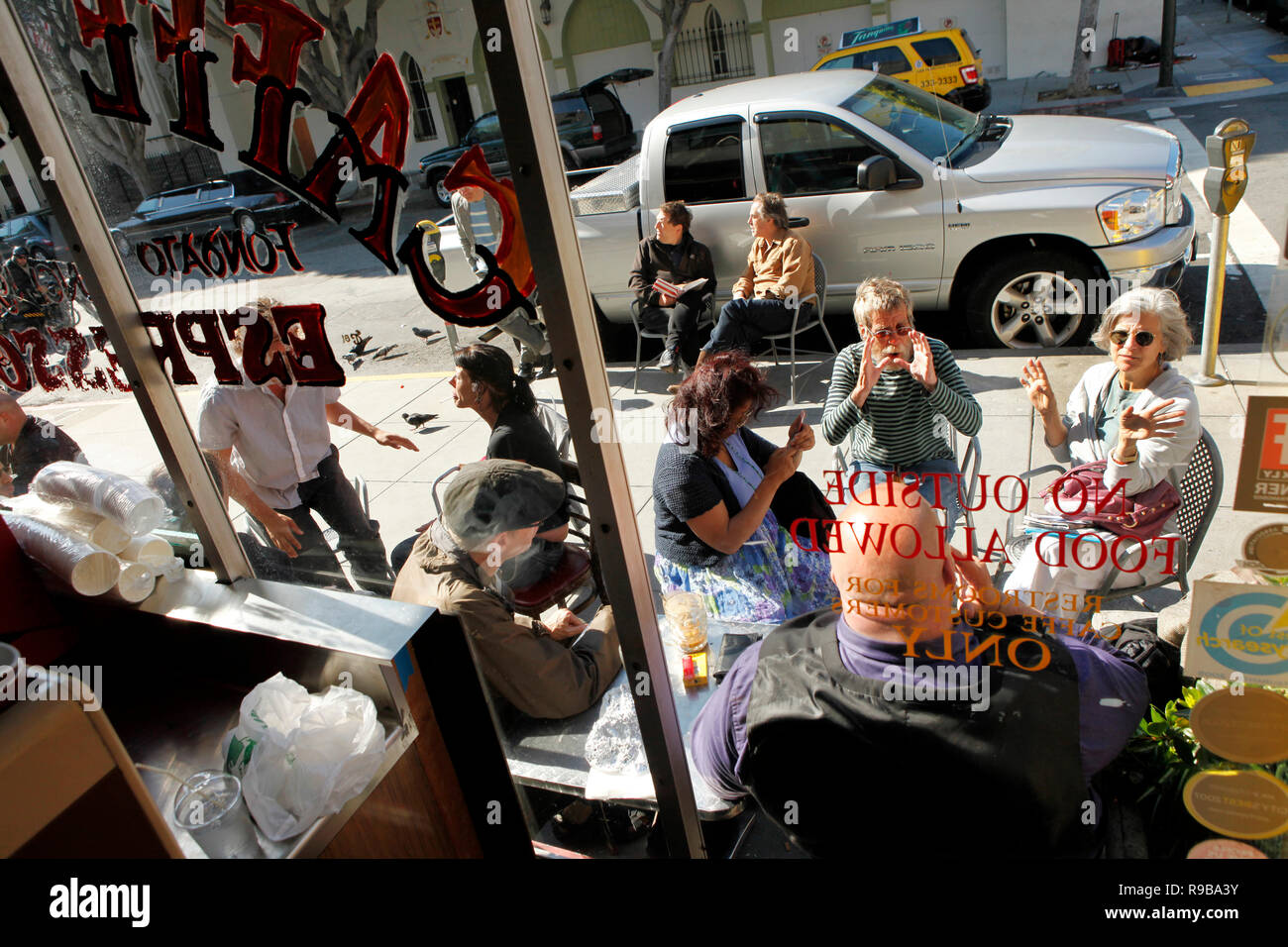 USA, California, San Francisco, locals mingle and drink coffee on the ...