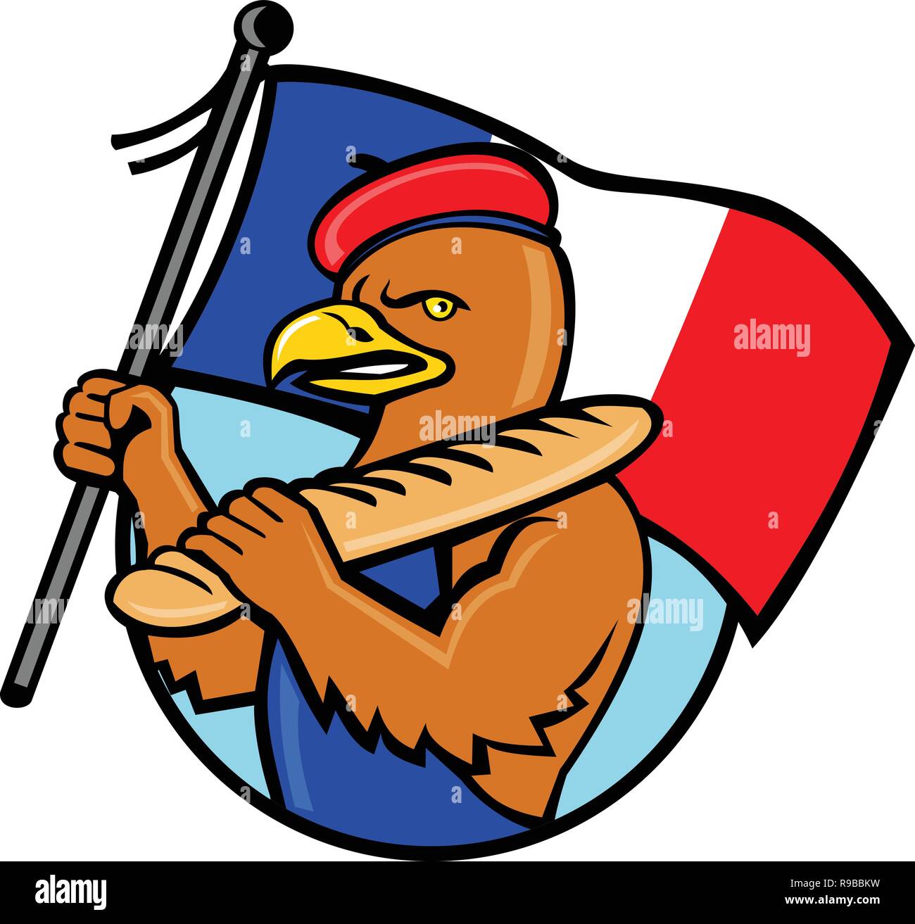 Cartoon style illustration of a French eagle holding a flag of France ...