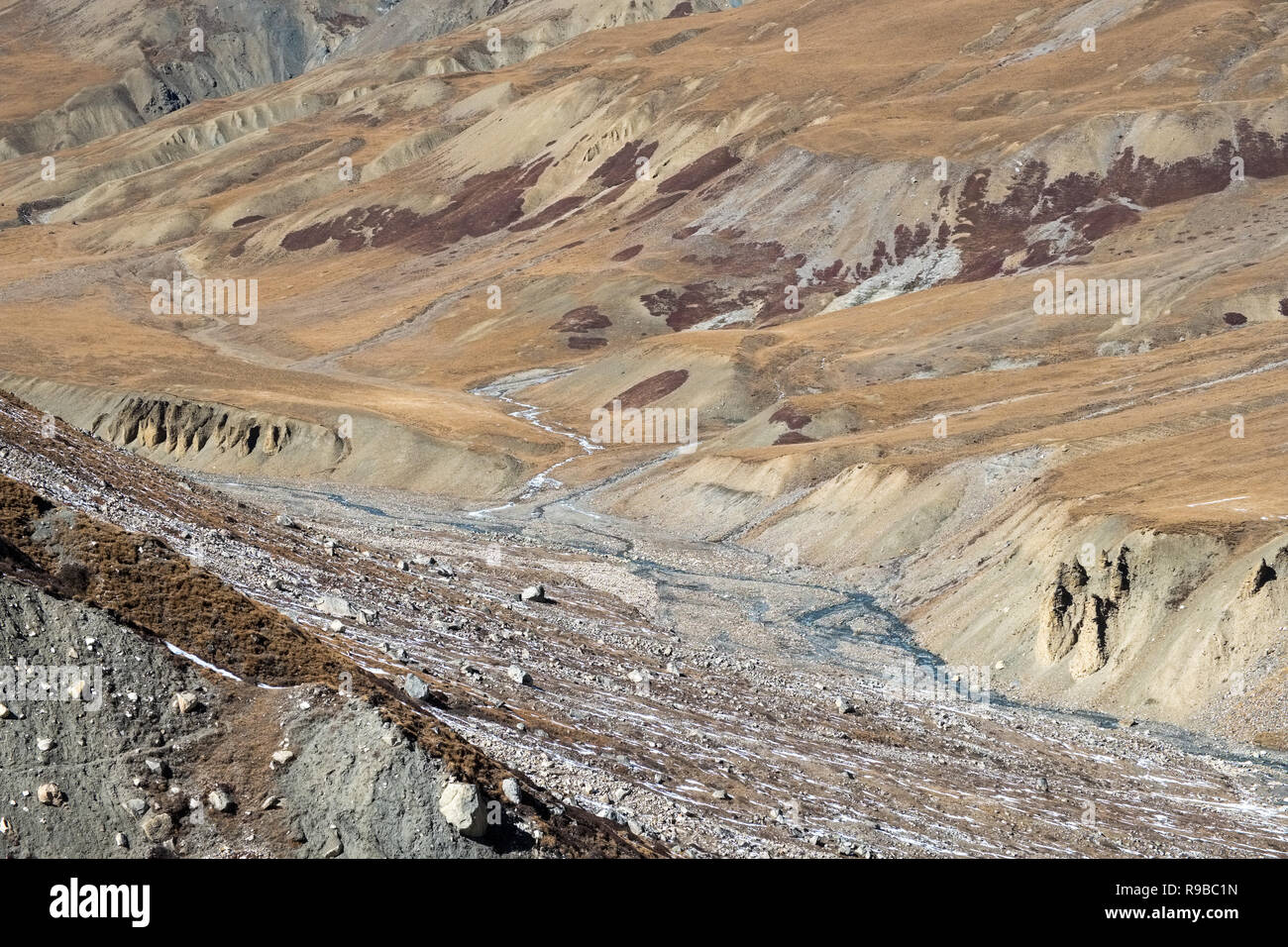 Arid, glaciated mountain terrain on the Tibet / Nepal border of the ...