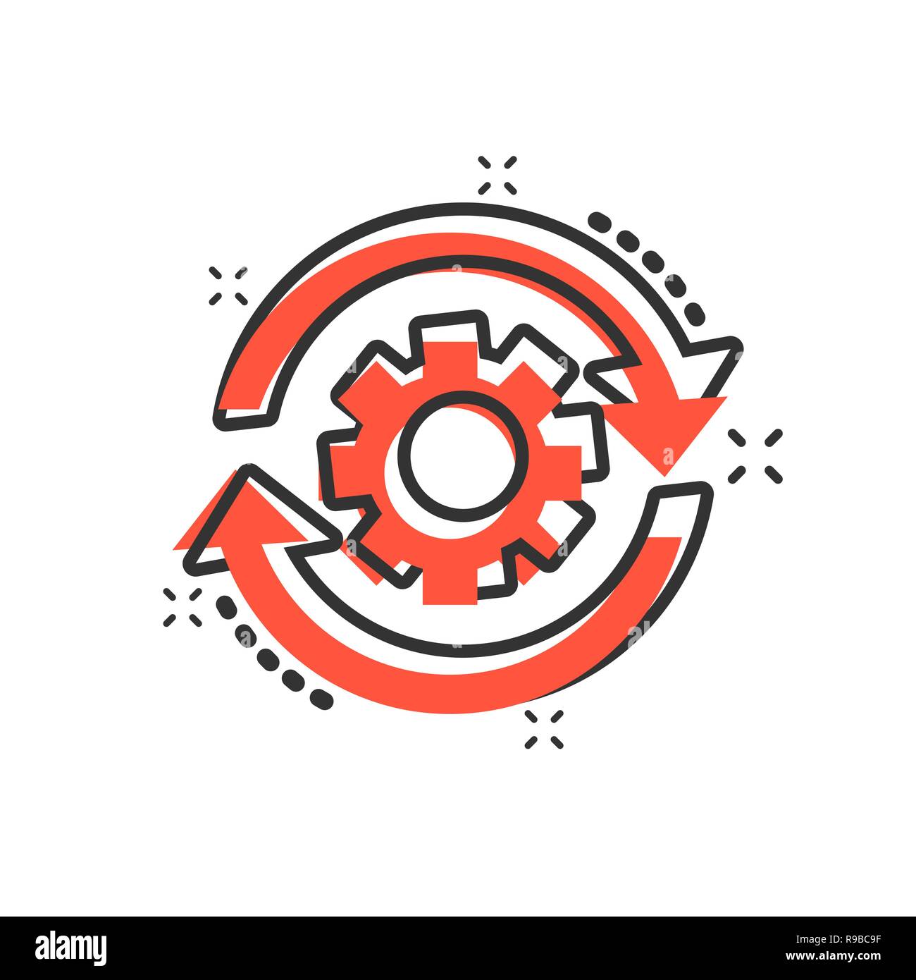 Workflow process icon in comic style. Gear cog wheel with arrows vector ...