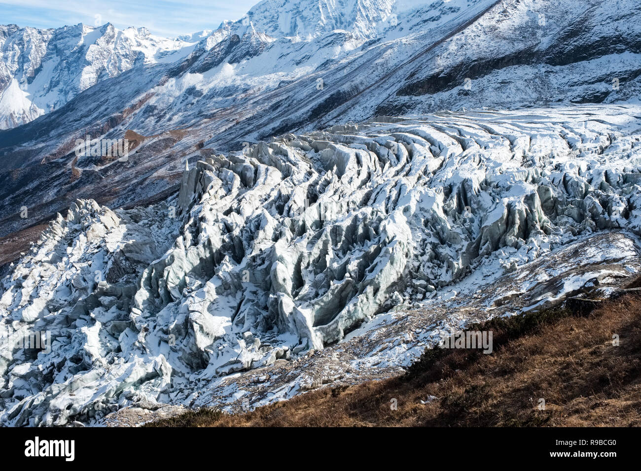 Seracs and crevasses on the glacier coming down from Manaslu in the ...